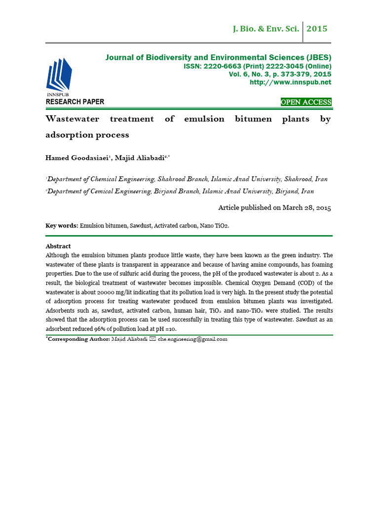 Wastewater Treatment of Emulsion Bitumen Plants by Adsorption Process ...