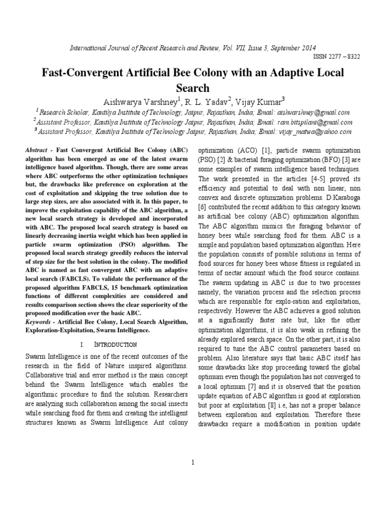 Paper1 Fast Convergent Artificial Bee Colony With An Adaptive Local Search Pdf Mathematical 