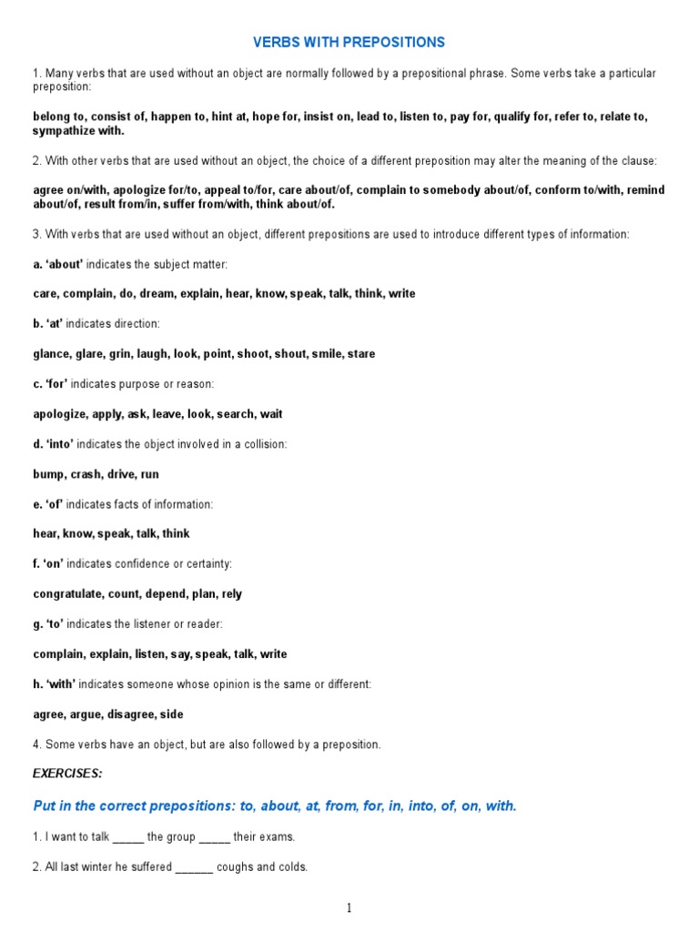 Prepositional Verbs Exercises and Theory | PDF | Object (Grammar) | Preposition And Postposition