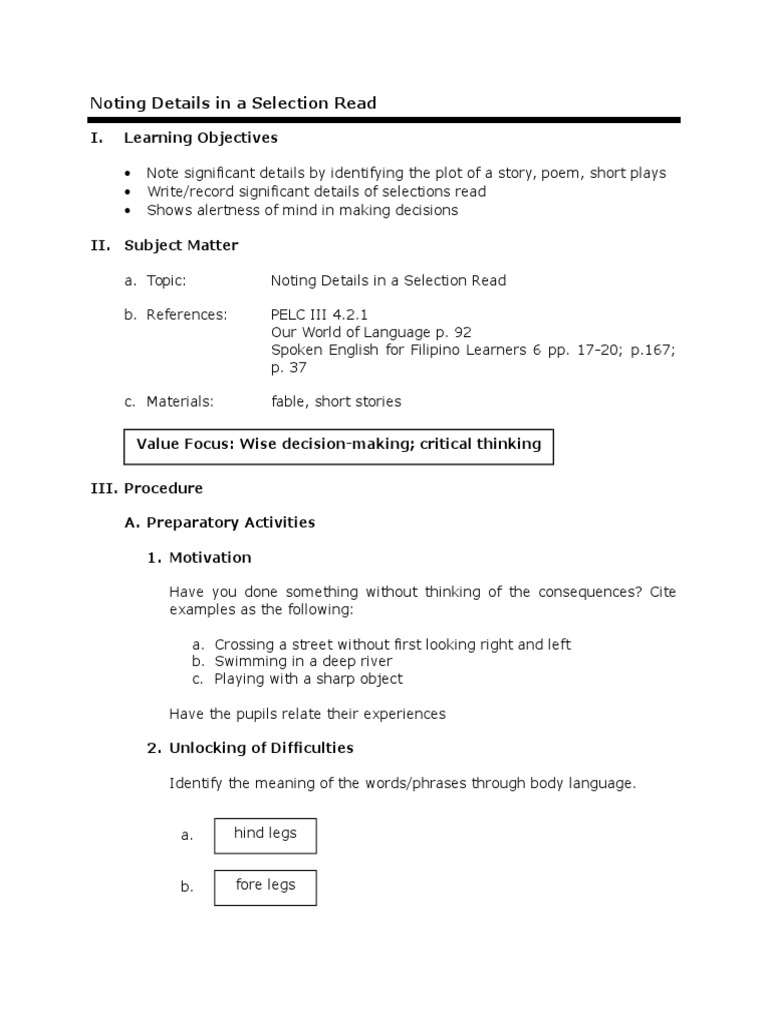 Grade 4 English Reading Noting Details in a Selection Heard | Personal ...