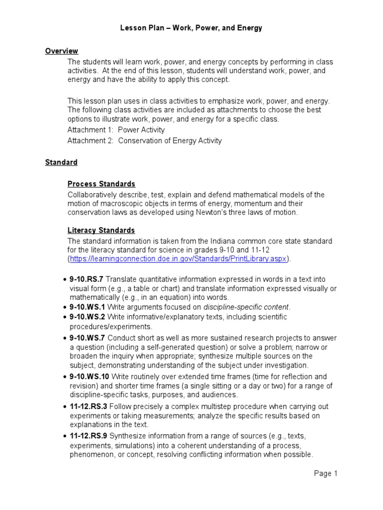 Work, Power, and Energy Lesson Plan | PDF | Teaching Methods ...