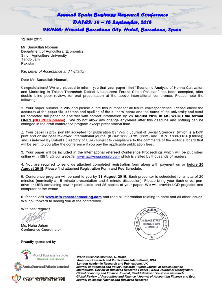 Letter of Acceptance and Invitation | PDF | Business