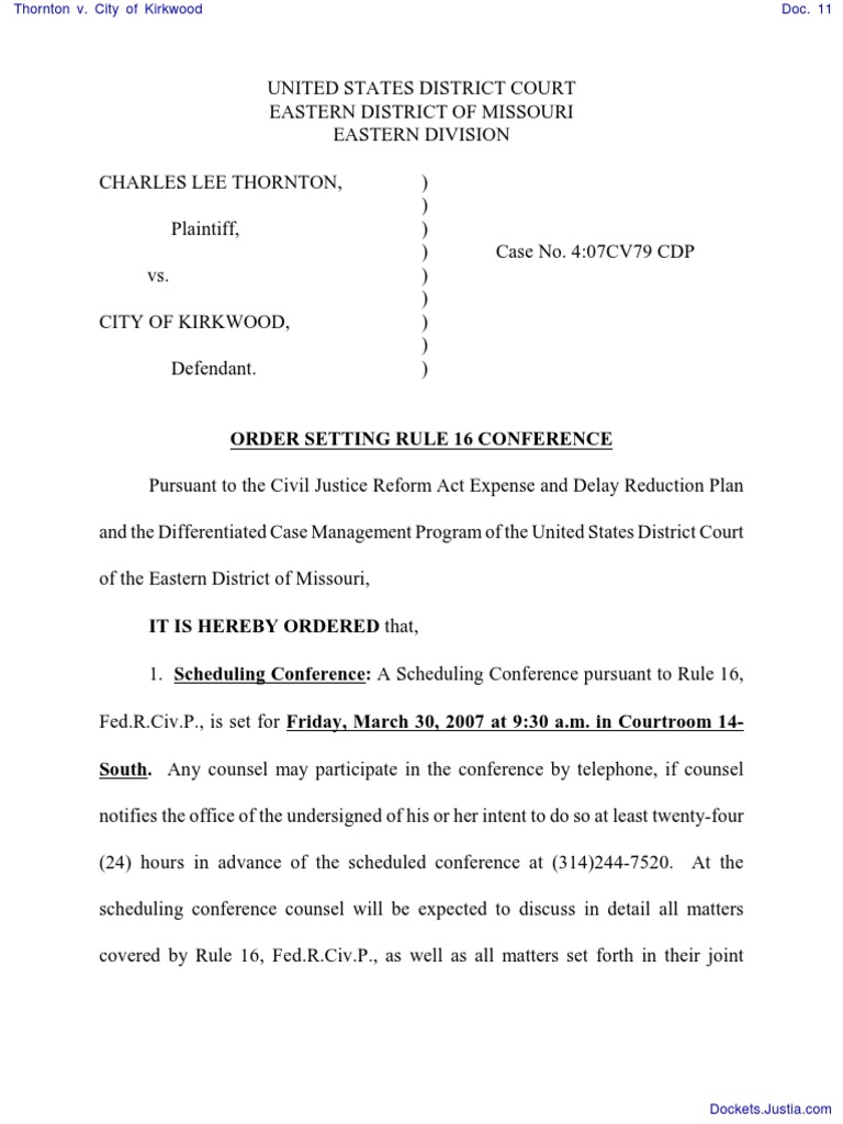 Rule 16 Conference Order: Thornton v. Kirkwood | PDF | Discovery (Law ...