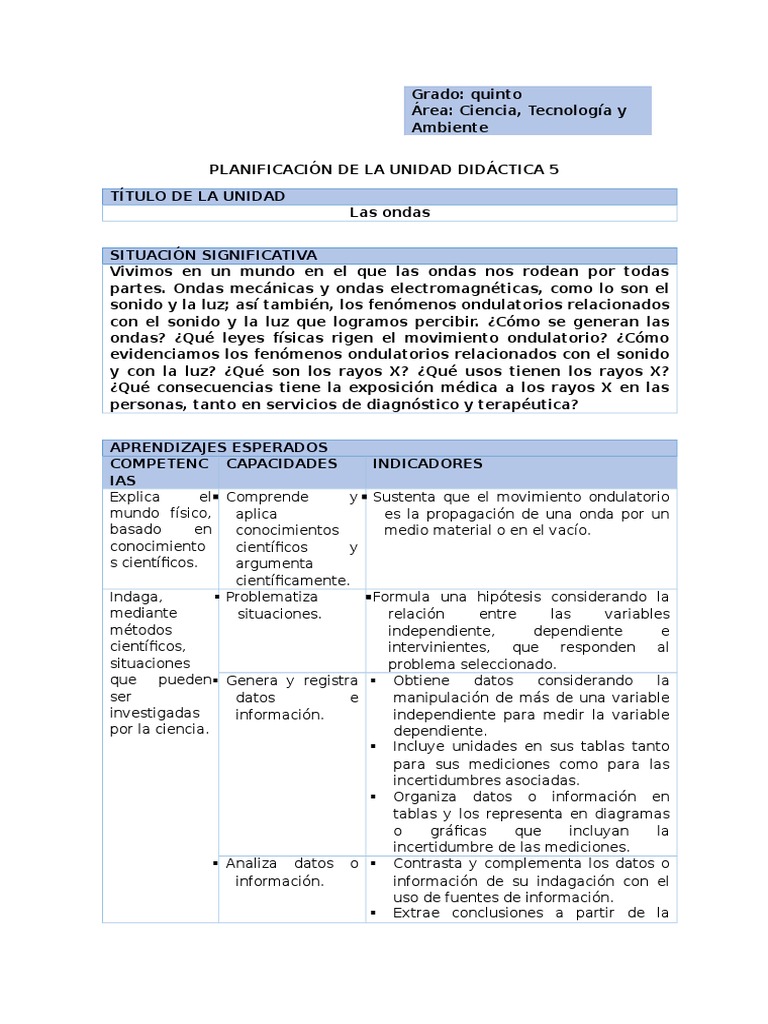 CTA - Planificación Unidad 5 - 5to Grado | PDF | Olas | Hipótesis