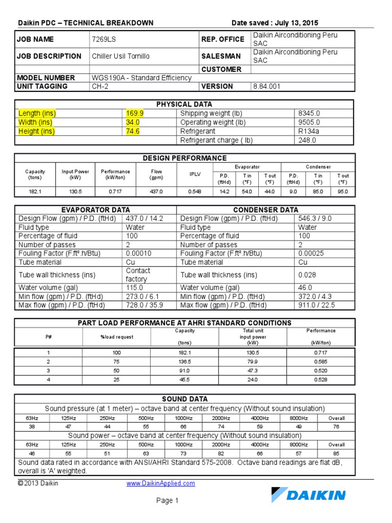 Chiller Tonillo Daikin WGS190A - Technical Data Sheet | PDF | Electrical Connector | Air ...