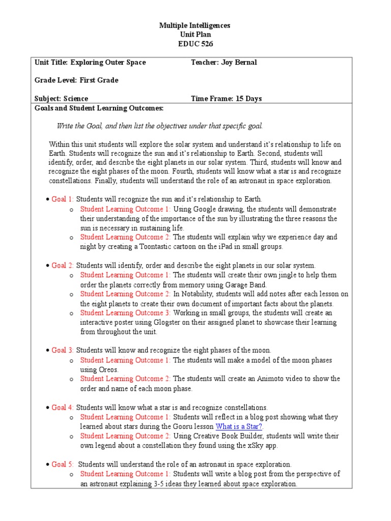 First Grade Space Exploration Unit Plan | PDF | Collaboration | Reading ...