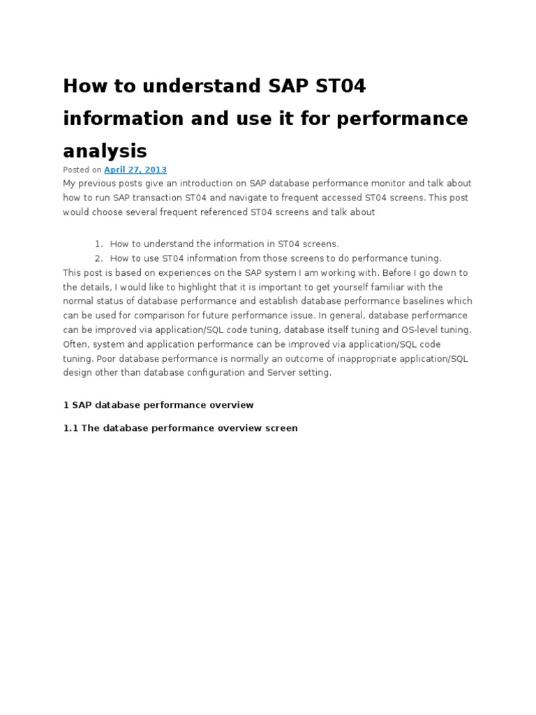 How To Understand SAP ST04 Information and Use It For Performance Analysis | PDF | Database ...
