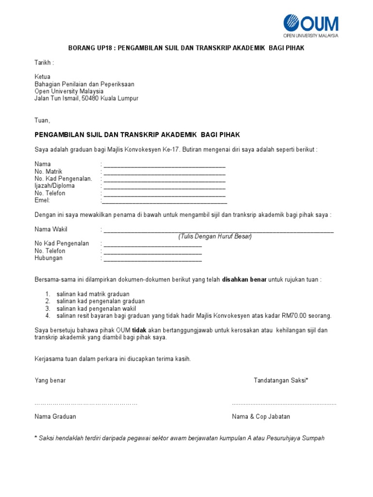 Borang Up18 - Kebenaran Wakil Ambil Skrol (BM) - Link | PDF