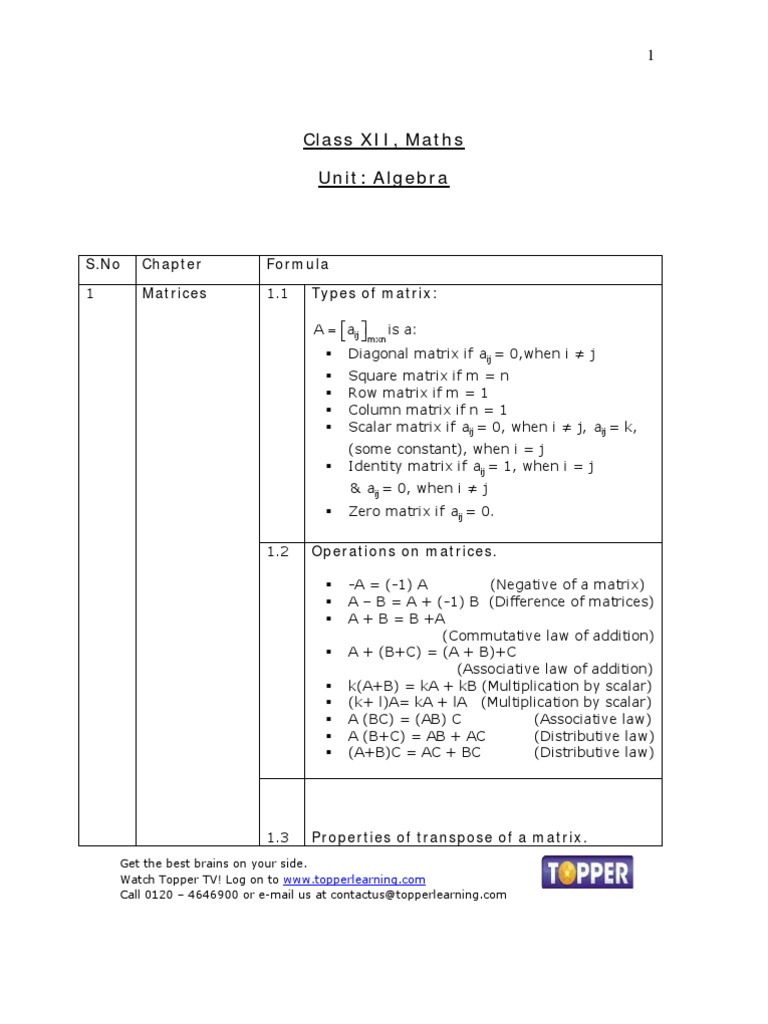 Class XII, Maths Unit: Algebra: S.No Chapter Formula Types of Matrix ... Class XII, Maths Unit: Algebra: S.No Chapter Formula Types of Matrix ...