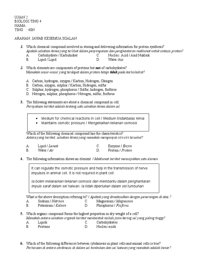 UJIAN 2 Bio Form 4 | PDF | Meiosis | Mitosis