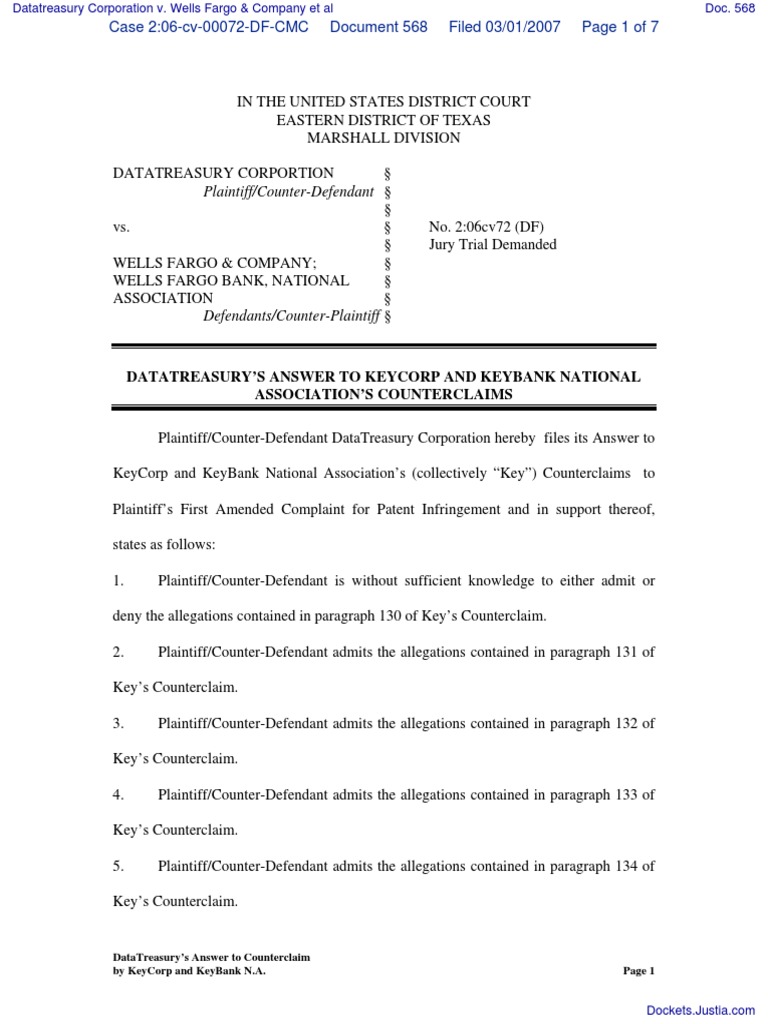 DataTreasury Response to KeyCorp Counterclaims | PDF | Declaratory ...