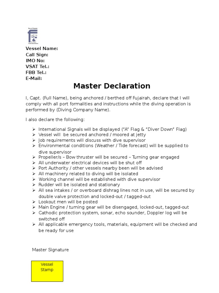 Master Declaration for Diving Operations | PDF | Technology & Engineering