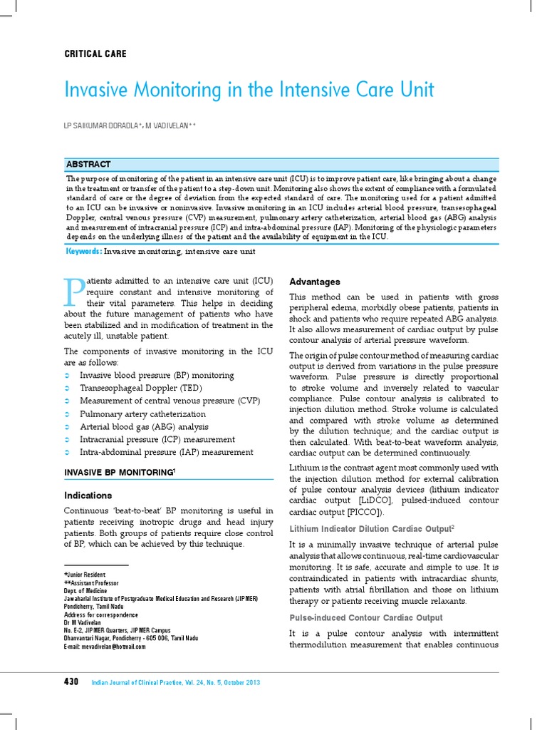 Invasive Monitoring in The Intensive Care Unit | PDF | Hemodynamics ...