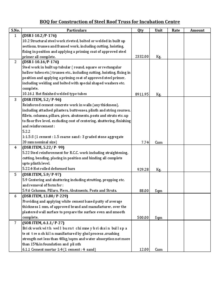 01 BOQ Construction of Steel Roof Truss For Incubation Centre | PDF ...