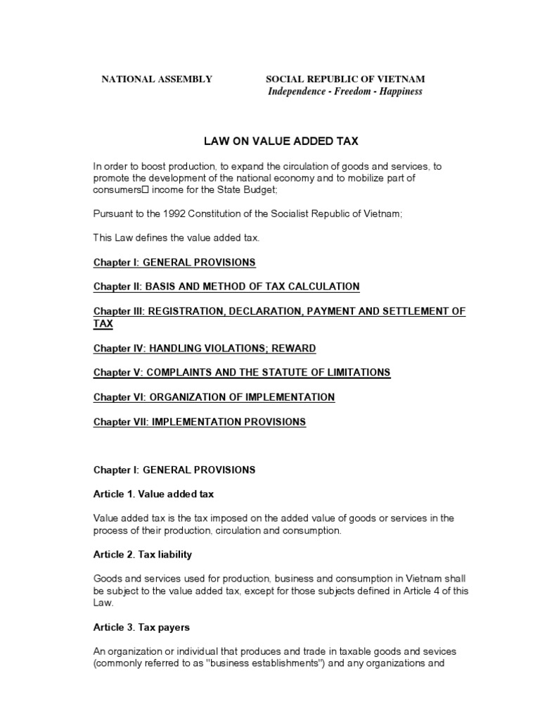 Law On Value Added Tax: National Assembly Social Republic of Vietnam ...