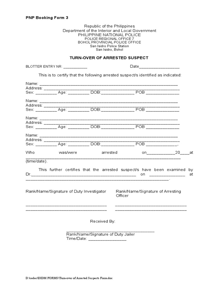 Turn-Over of Arrested Suspects Form | PDF