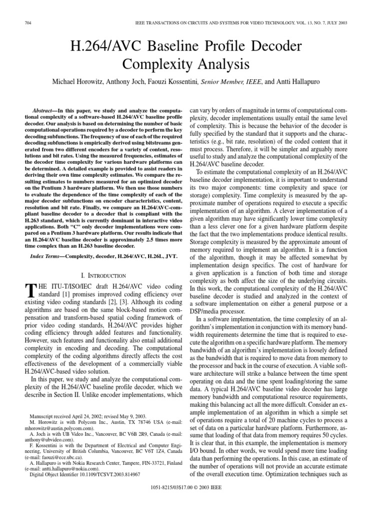 H 264 Avc Baseline Profile Decoder Complexity Analysis Pdf H 264 Mpeg 4 Avc Computer Data