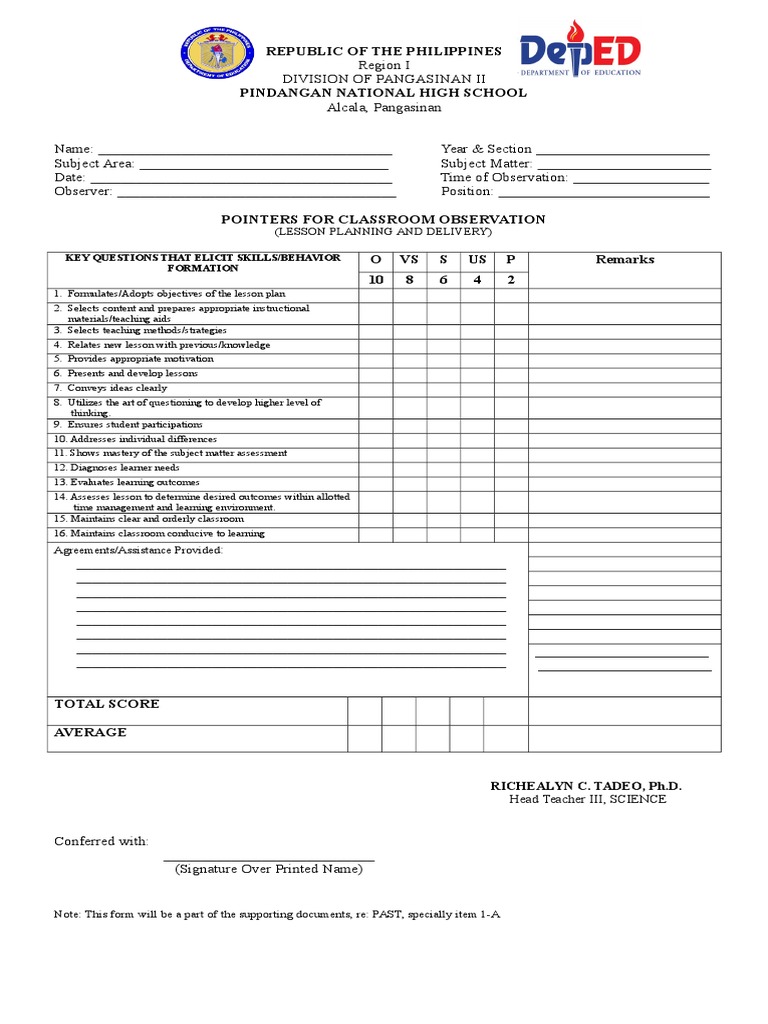 Pointers For Classroom Observation | PDF | Lesson Plan | Teaching Method