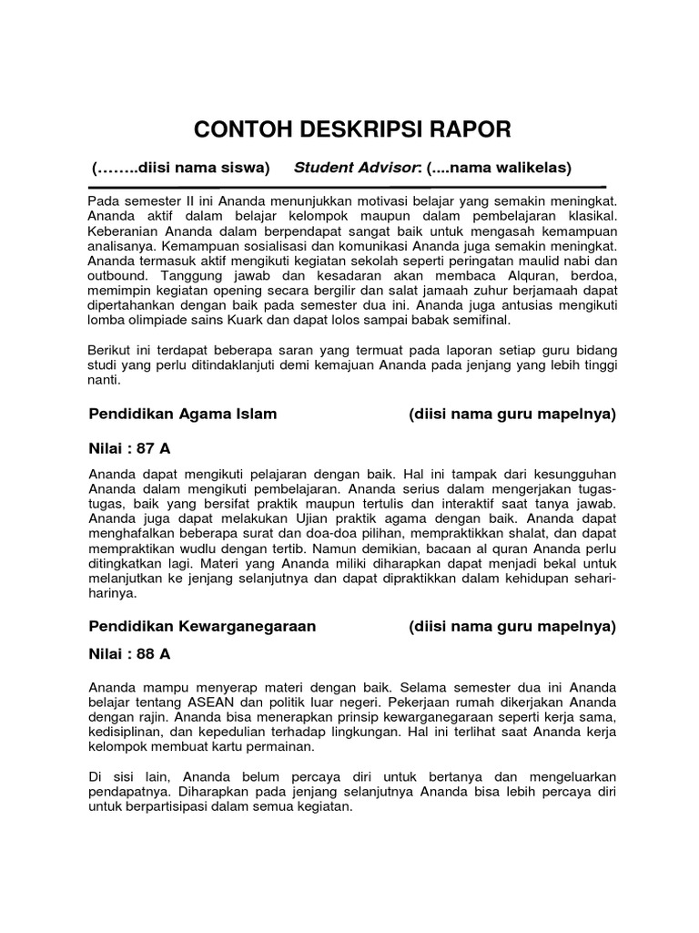 Contoh Deskripsi Rapor | PDF