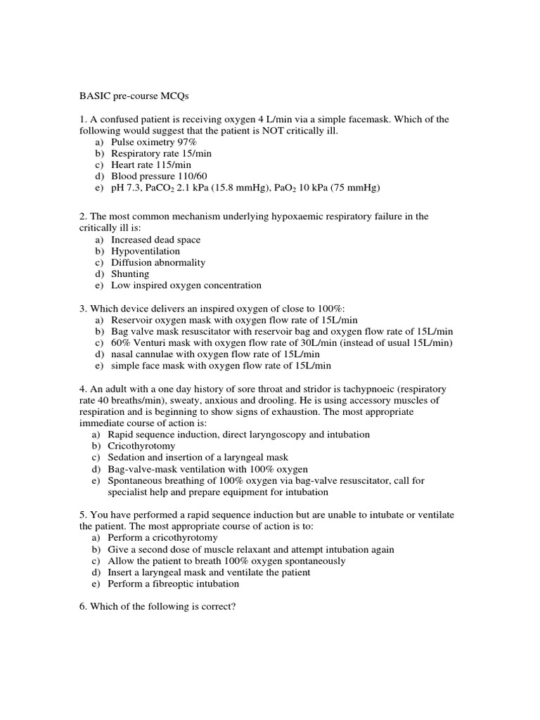 Pre-Course MCQs - Mar 2008 - Corrected - PDF | PDF | Shock (Circulatory ...