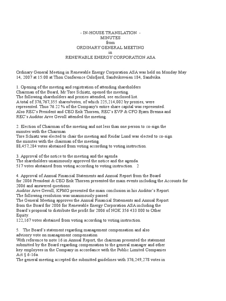Minutes in the Ordinary General Meeting | Power Of Attorney | Board Of ...
