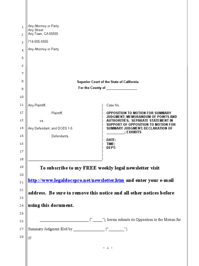 Sample Opposition To Motion For Summary Judgment in California | PDF ...