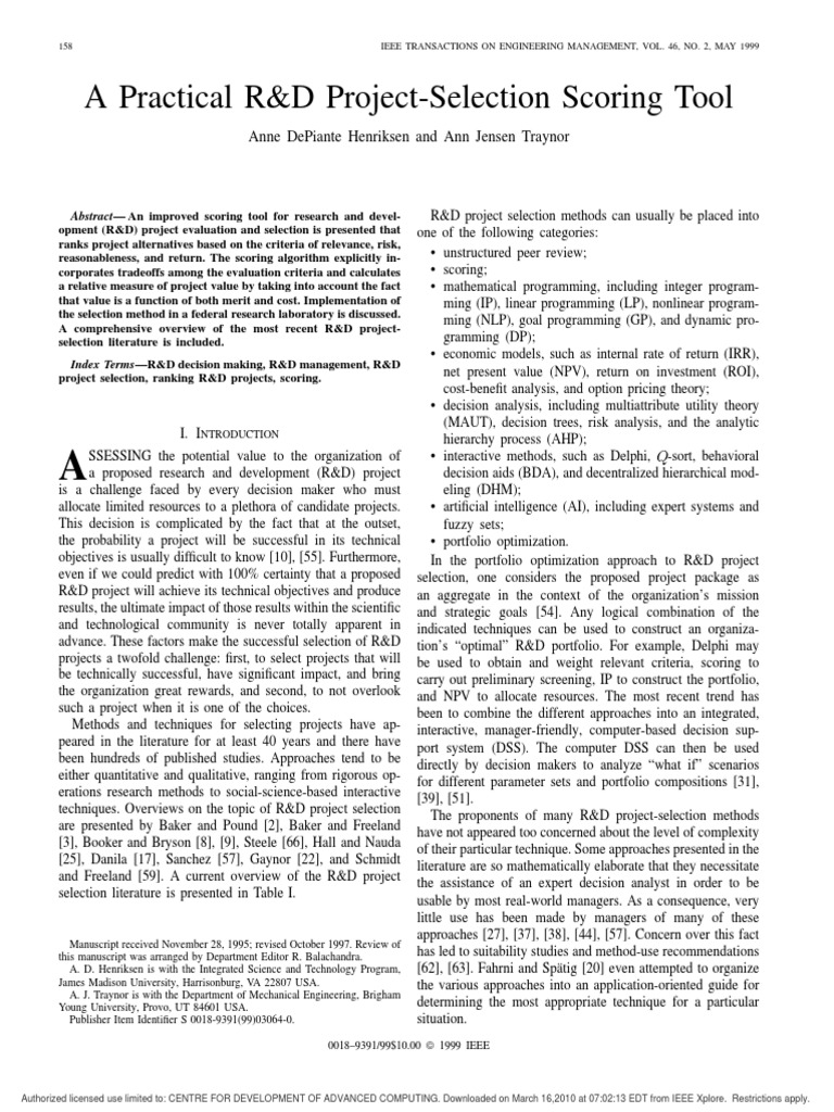 R&D Project Selection Scoring Tool | PDF | Evaluation | Risk