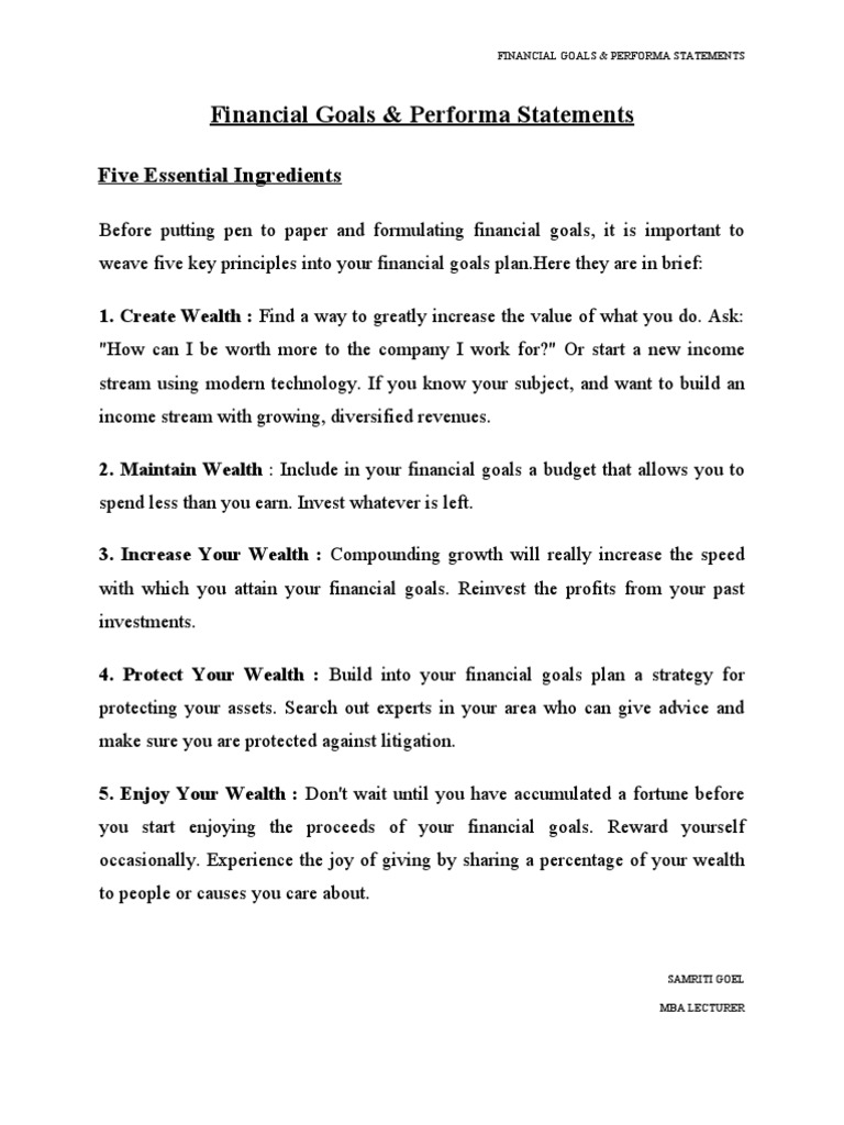 Financial Goals & Performa Statements | PDF | Pro Forma | Financial ...