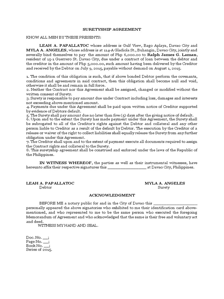 Suretyship Agreement between Parties | PDF | Debtor | Surety