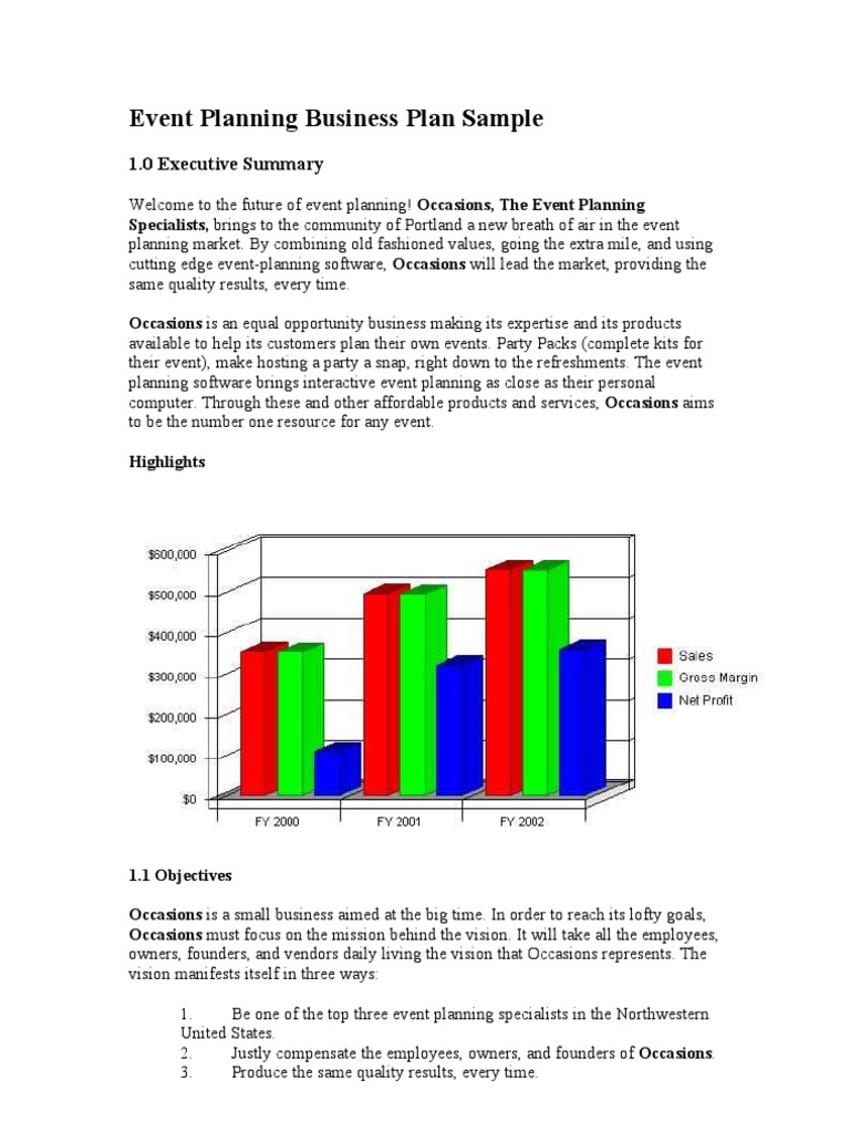 Event Planning Business Plan Sample Sales