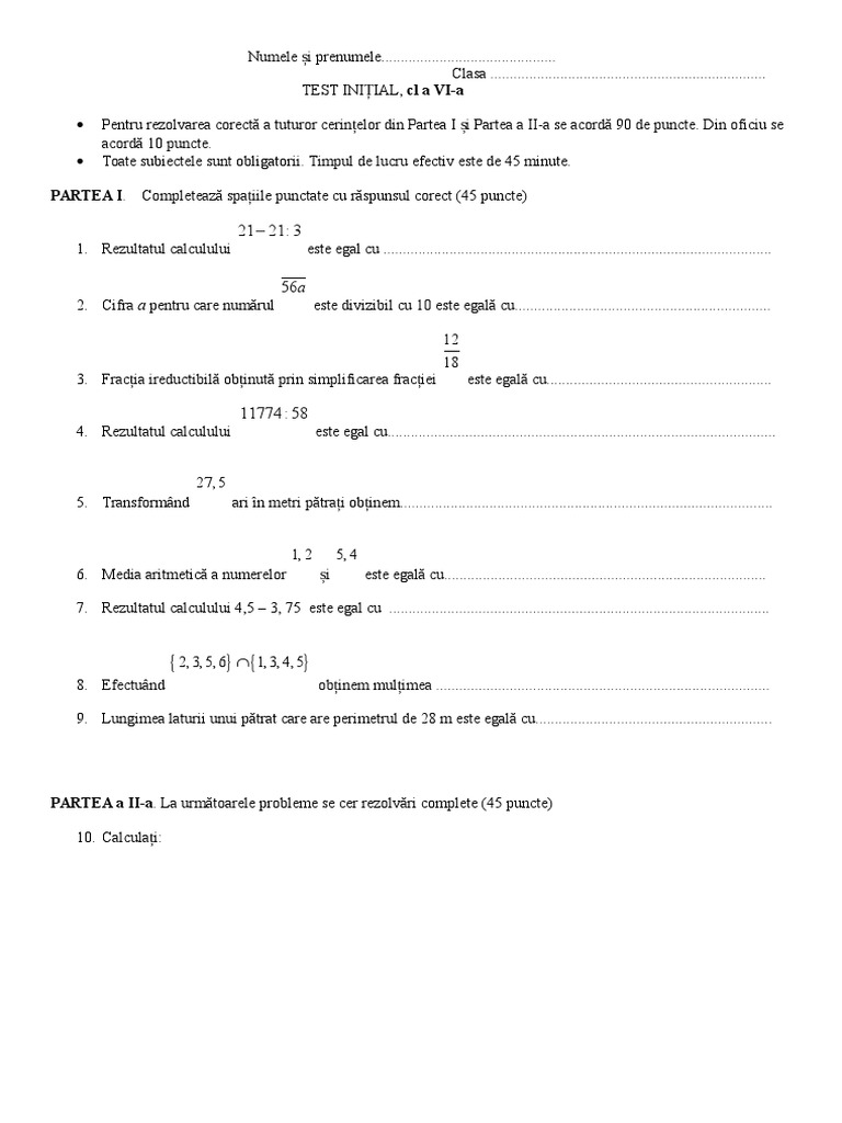 Test initial Clasa a 6-a
