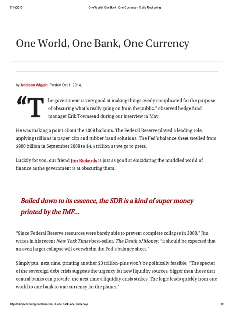 One World, One Bank, One Currency | PDF | Special Drawing Rights ...