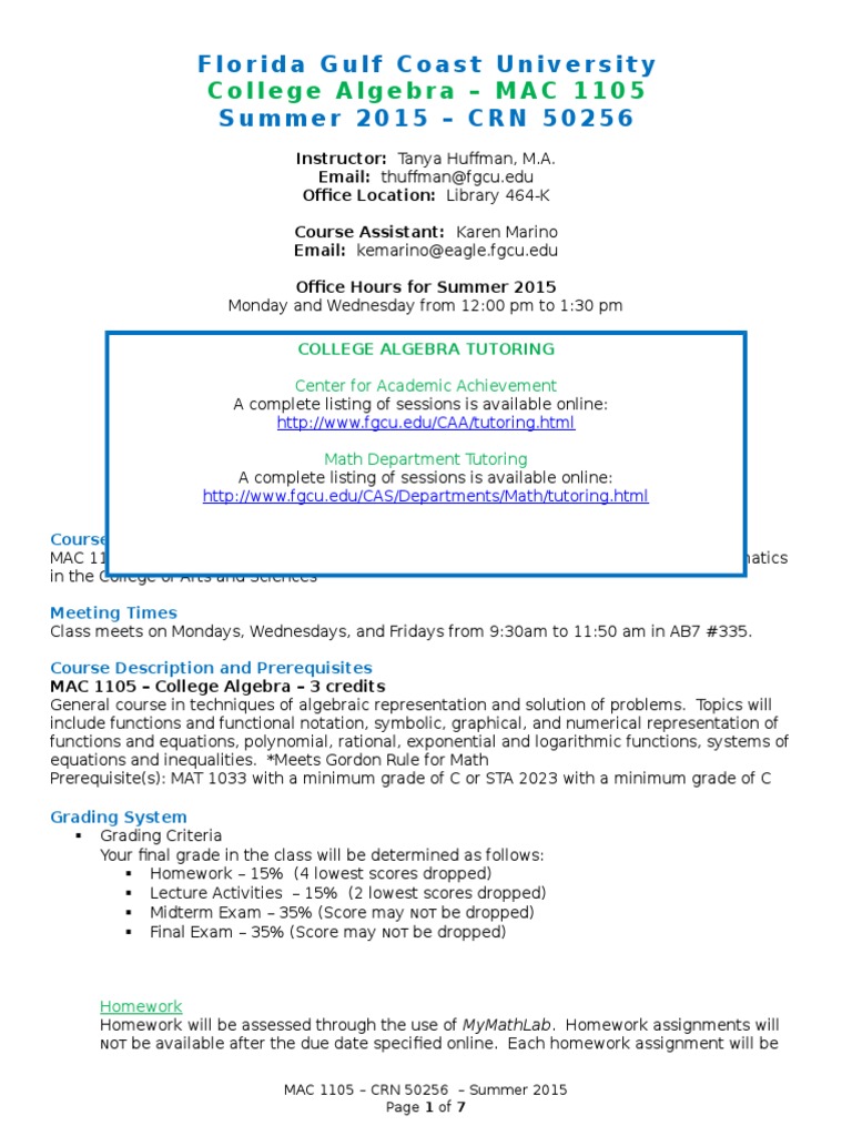 MAC 1105 Syllabus | PDF | Homework | Email