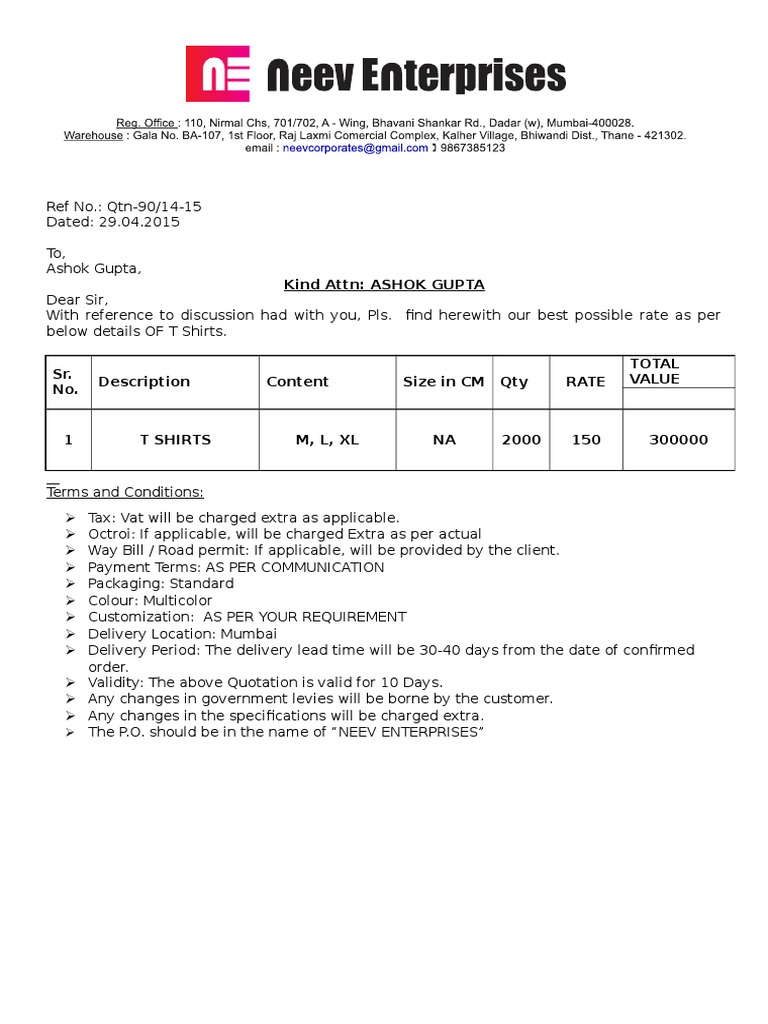 Quotation for T-Shirt Order | PDF