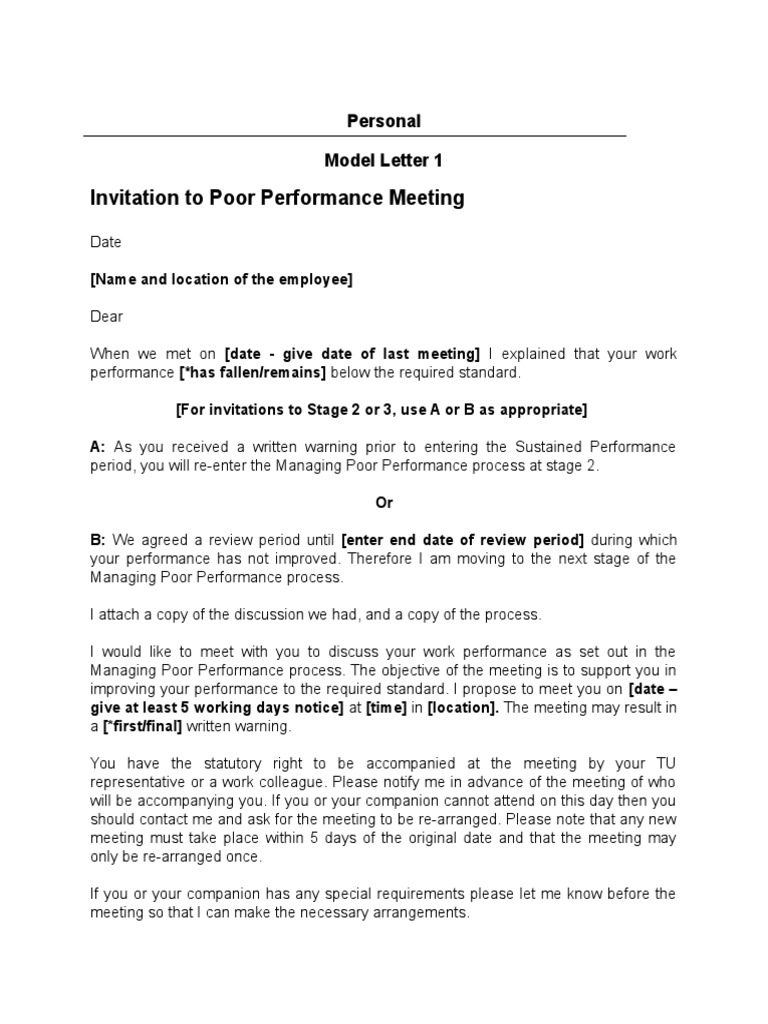 Invitation To Poor Performance Meeting: Personal Model Letter 1 ...