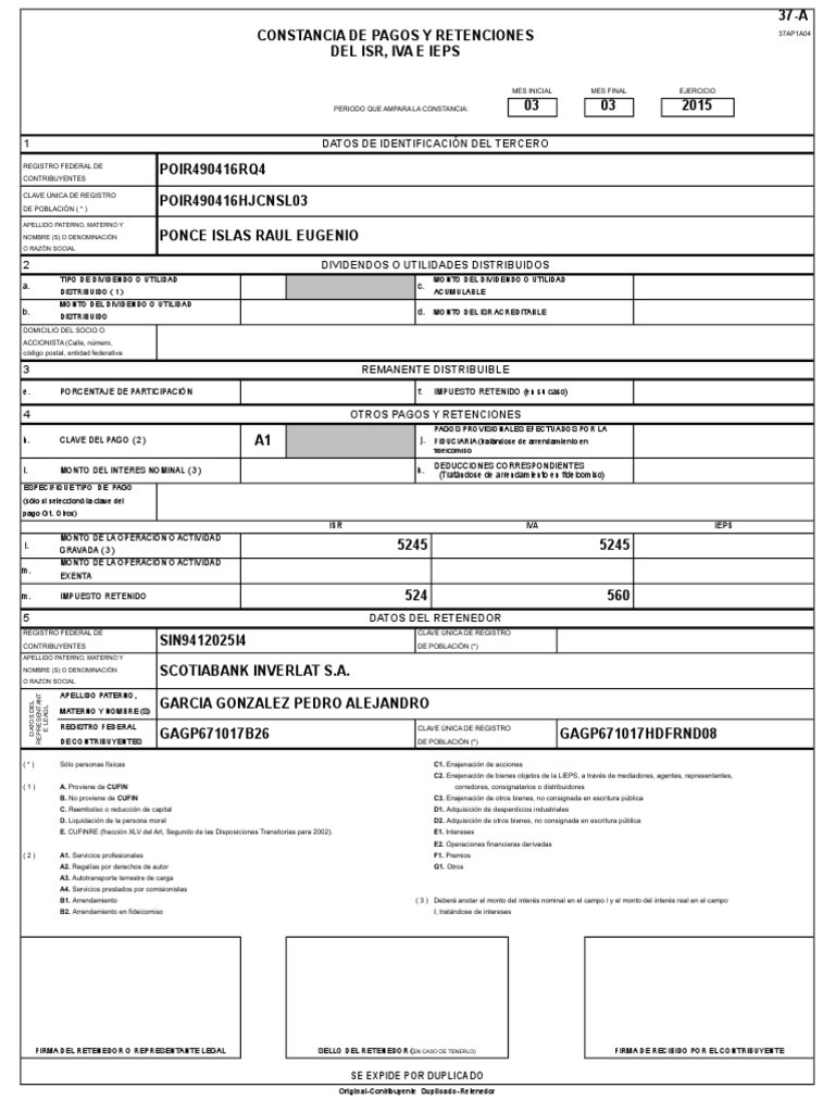 FORMATO RETENCIONES 37-A (1).xls | Dividendo | Ley de Fideicomisos