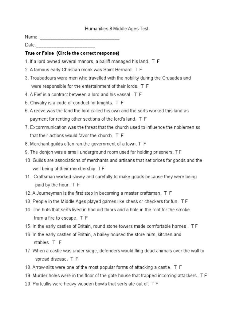 Humanities 8 Middle Ages Test | PDF | Castle | Middle Ages