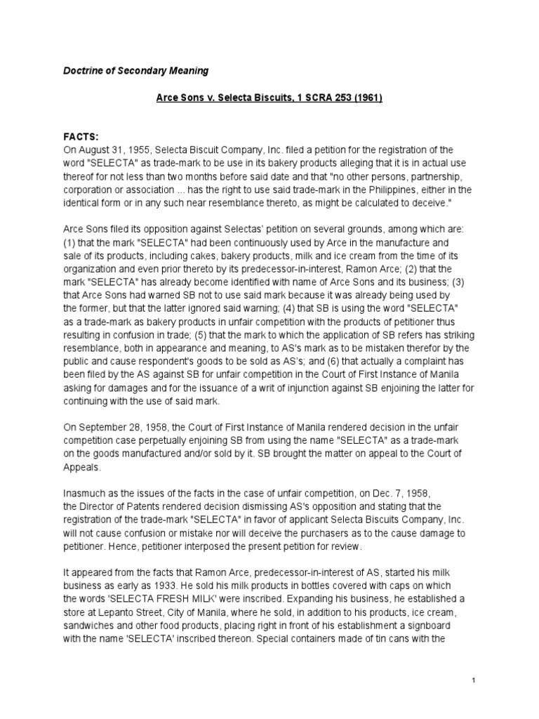 Arce Sons v. Selecta Biscuits, 1 SCRA 253 (1961) | PDF | Trademark ...