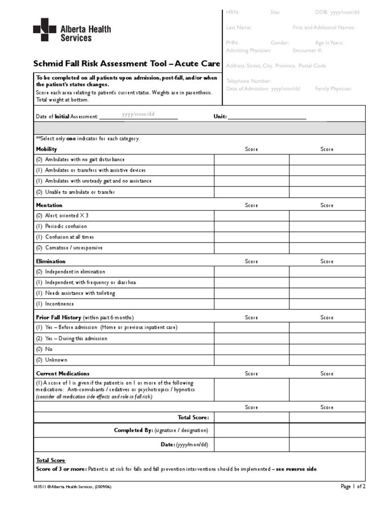 Schmid Fall Risk Assessment Tool - Acute Care | PDF | Patient ...