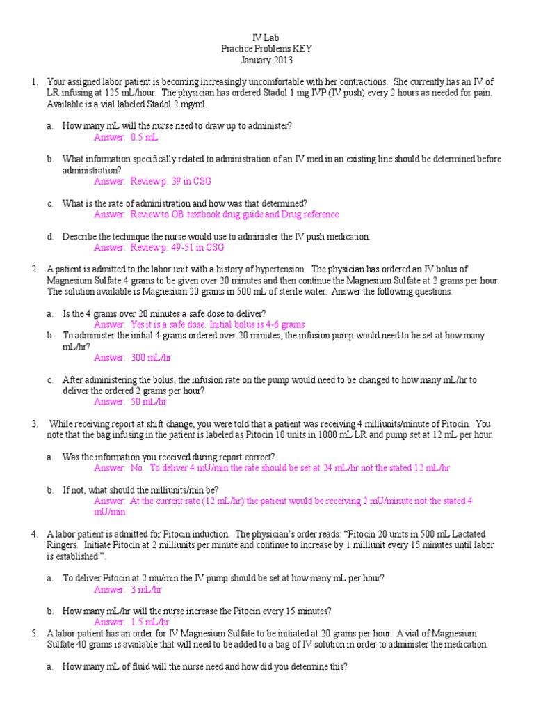 IV Lab Practice Problems Answers Sp 2013 PAL Copy | Intravenous Therapy ...