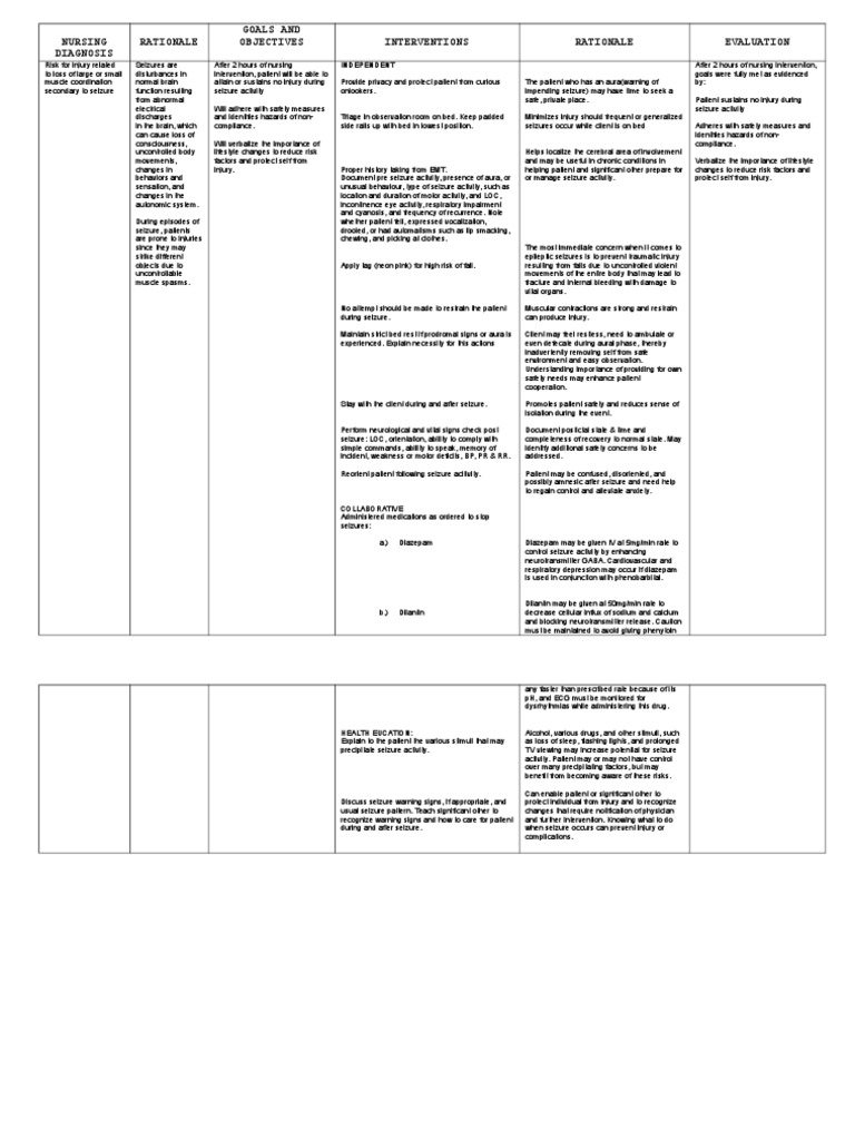 Risk for Injury NCP Seizures | Medicine | Nervous System