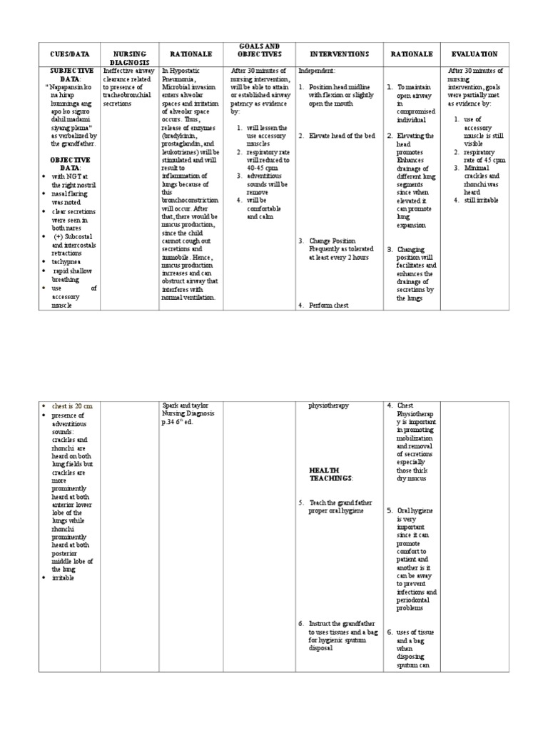 Cues/Data Nursing Diagnosis Rationale Goals and Objectives Interventions Rationale Evaluation ...