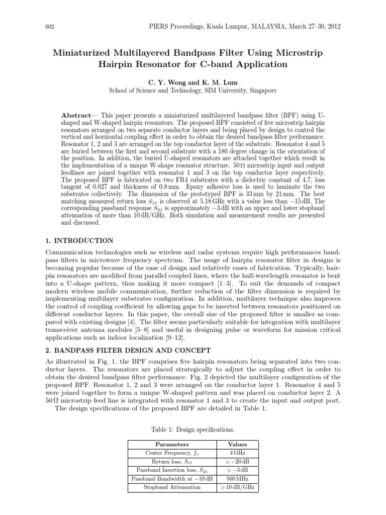 Miniaturized Multilayered Bandpass Filter Using Microstrip Hairpin Resonator For C-Band ...