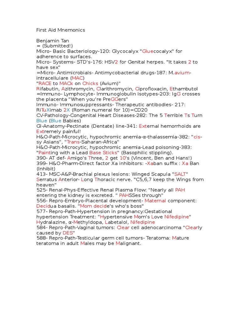 First Aid Mnemonics | PDF | Medical Specialties | Clinical Medicine