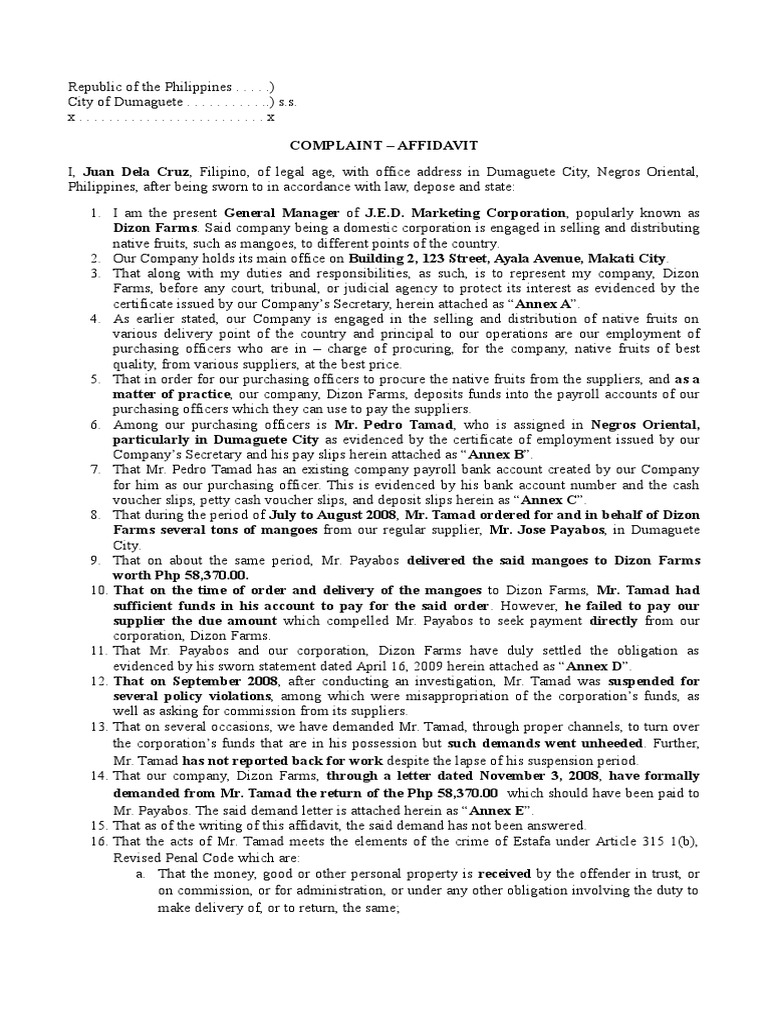 Affidavit Assignment_Complaint for Estafa | Crimes | Crime & Justice
