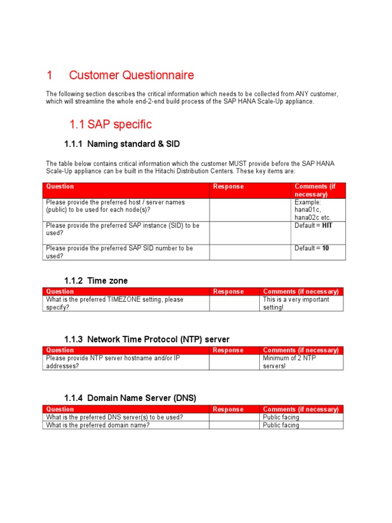 Customer Questionnaire - SAP HANA | PDF | Domain Name System | Ip Address
