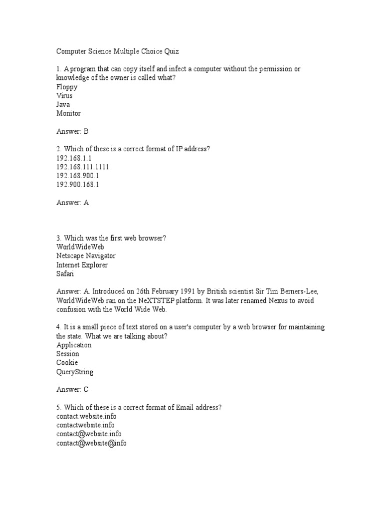 Computer Science Multiple Choice Quiz | Operating System | World Wide Web Computer Science Multiple Choice Quiz | Operating System | World Wide Web