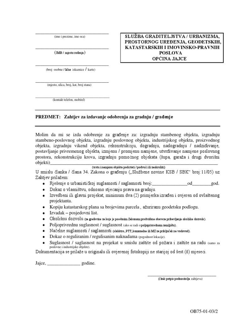 Zahtjev Za Izdavanje Odobrenja Za Gradnju | PDF