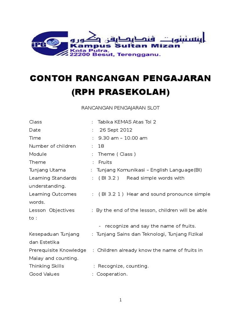 Contoh Rancangan Pengajaran (RPH Prasekolah) | PDF