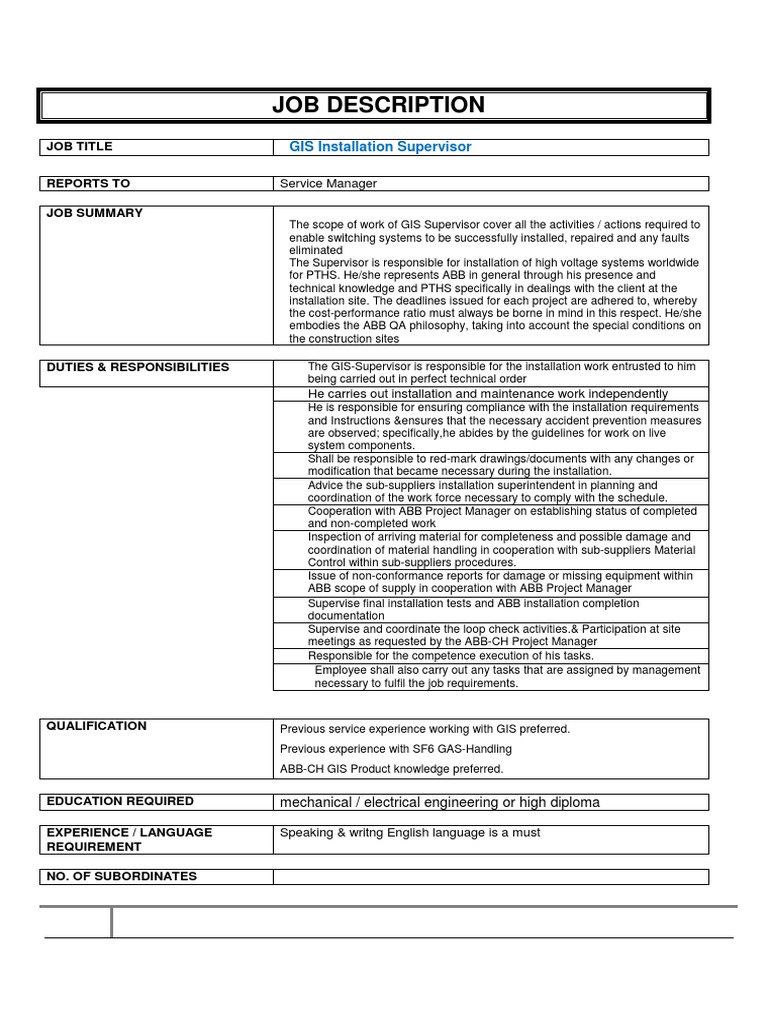 Job Description: GIS Installation Supervisor | PDF | Project Manager ...